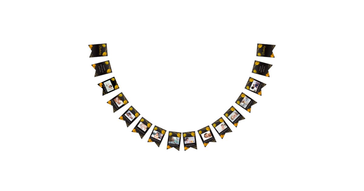 "Gold And Black first birthday photo bunting flags | Zazzle