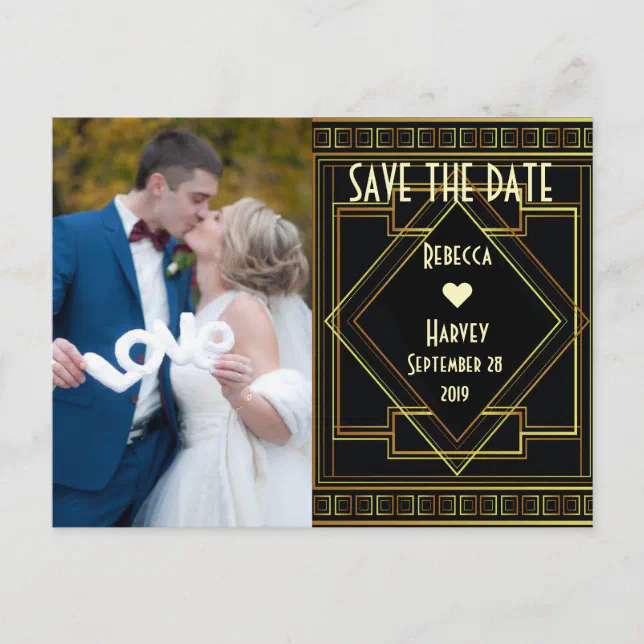 gold and black great gatsby wedding save the date announcement postcard ...
