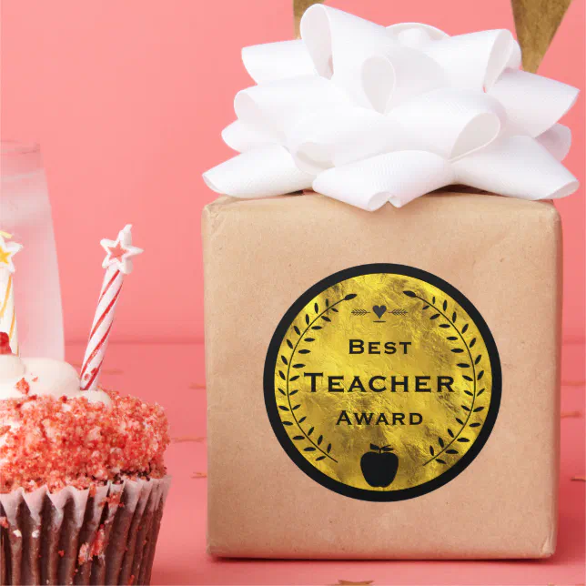 Gold and Black Laurel Wreath Best Teacher Award Classic Round Sticker ...