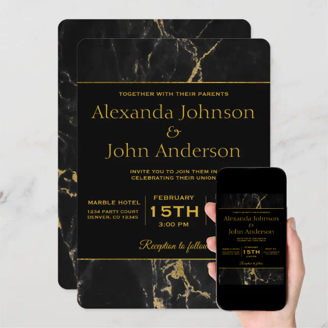 Gold and Black Marble Wedding Invitation | Zazzle