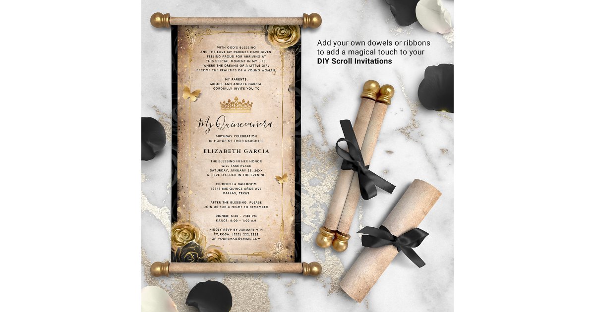 Gold and Black Quinceanera DIY Scroll Invitations | Zazzle
