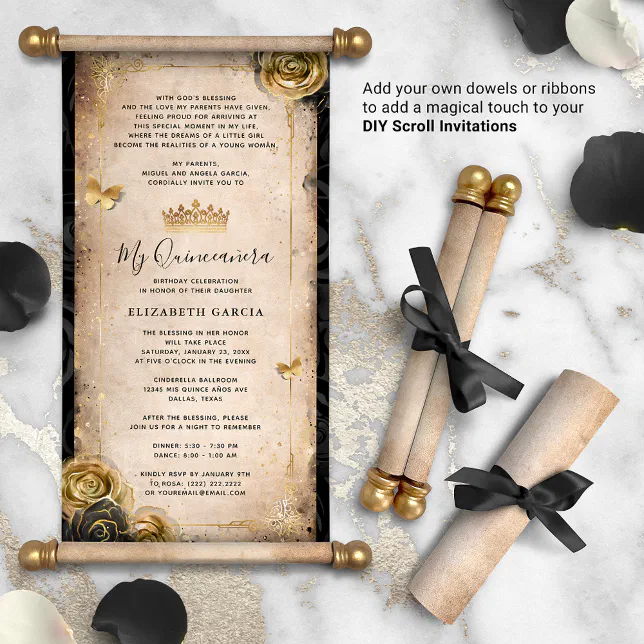 Gold and Black Quinceanera DIY Scroll Invitations | Zazzle