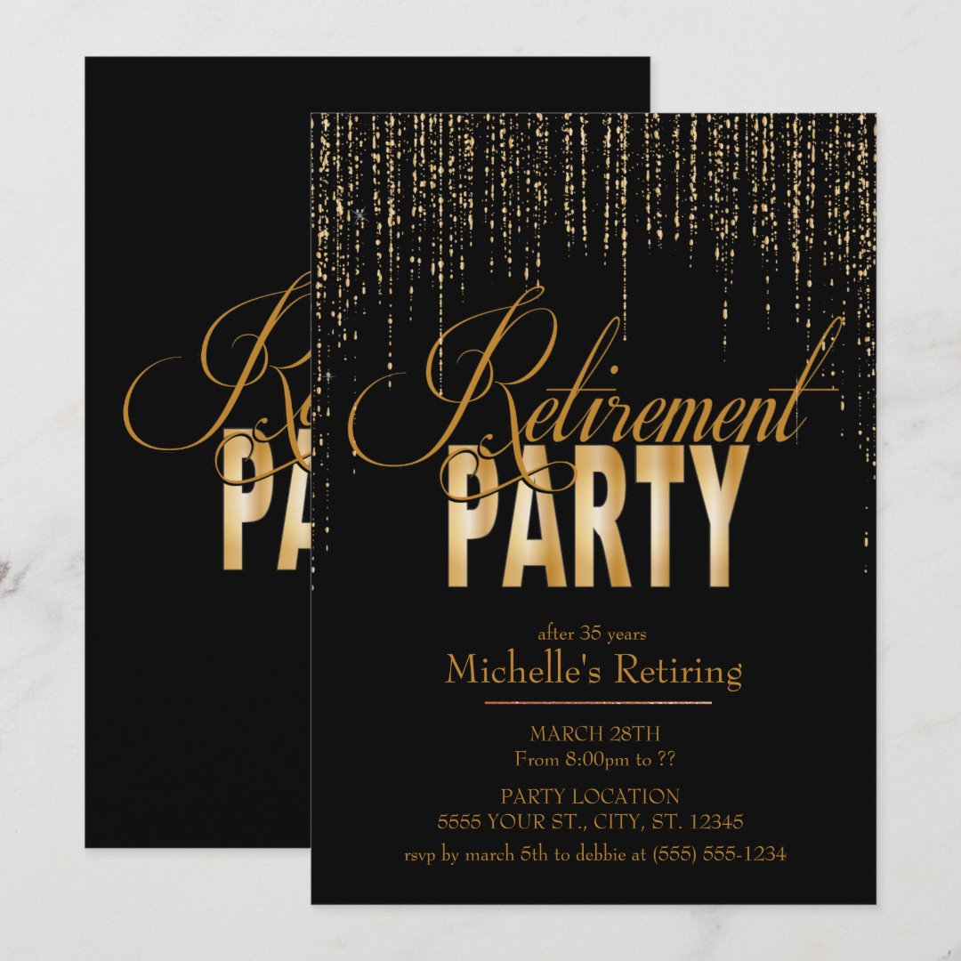 Gold and Black Retirement Party Invitations | Zazzle