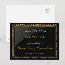 Gold and black Sav The Date postcard | Zazzle