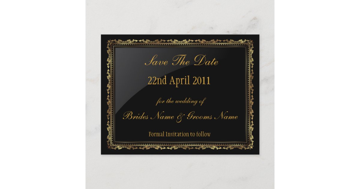 Gold and black Sav The Date postcard | Zazzle