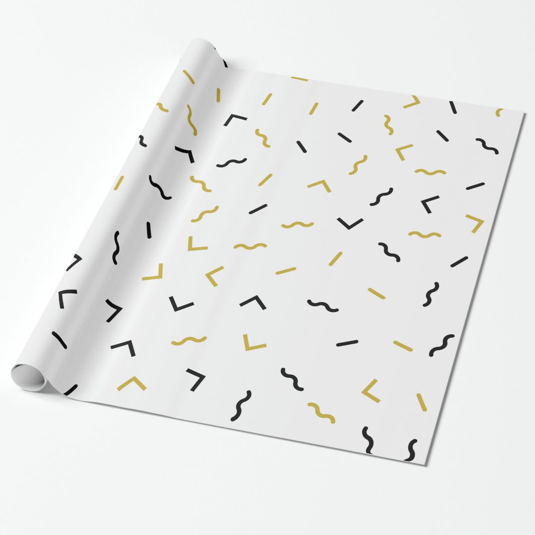 Gold and black squiggly lines modern pattern wrapping paper | Zazzle