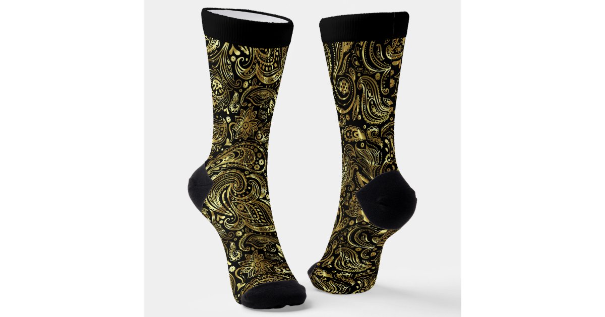 Gold and black vintage floral paisley pattern socks | Zazzle