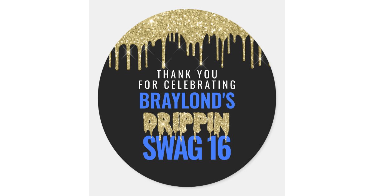 Gold and Blue Drippin Swag 16 Birthday Classic Round Sticker | Zazzle