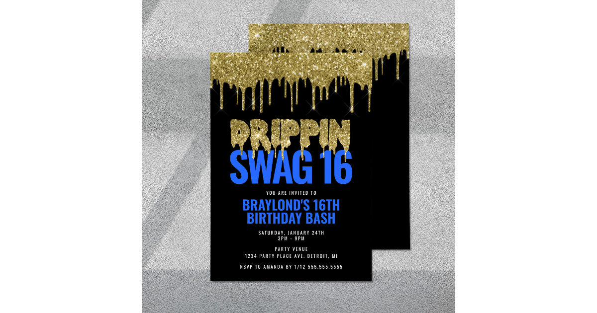 Gold and Blue Drippin Swag 16 Birthday Invitation | Zazzle