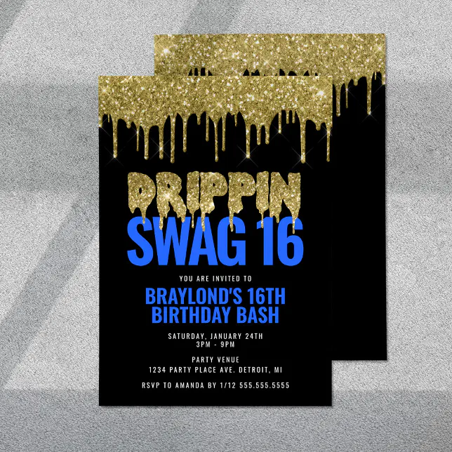 Gold and Blue Drippin Swag 16 Birthday Invitation | Zazzle
