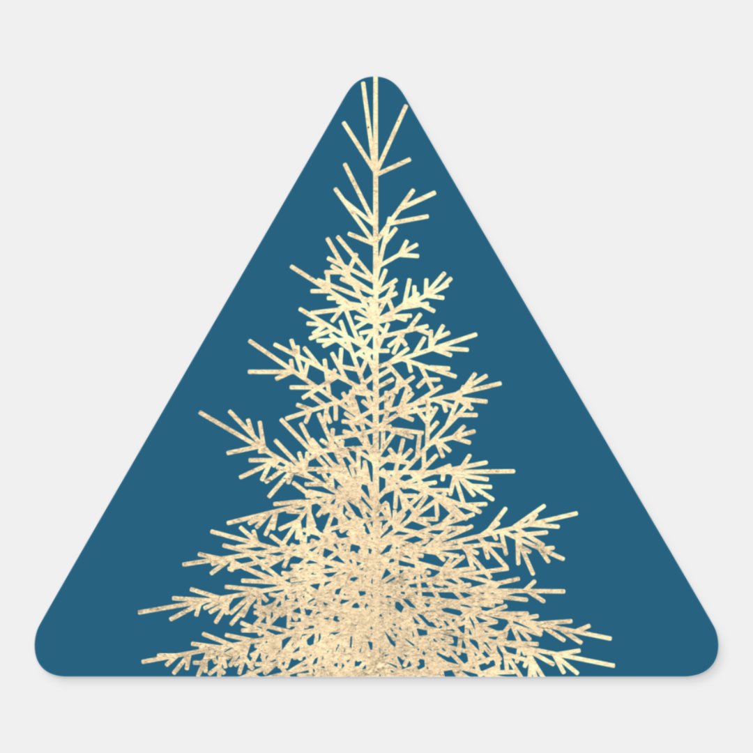 Gold and blue evergreen tree elegant winter triangle sticker | Zazzle