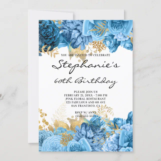 Gold and Blue Floral Borders 60th Birthday Invitation | Zazzle