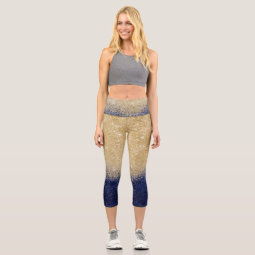 Gold and Blue Glitter Ombre Luxury Design Capri Leggings | Zazzle