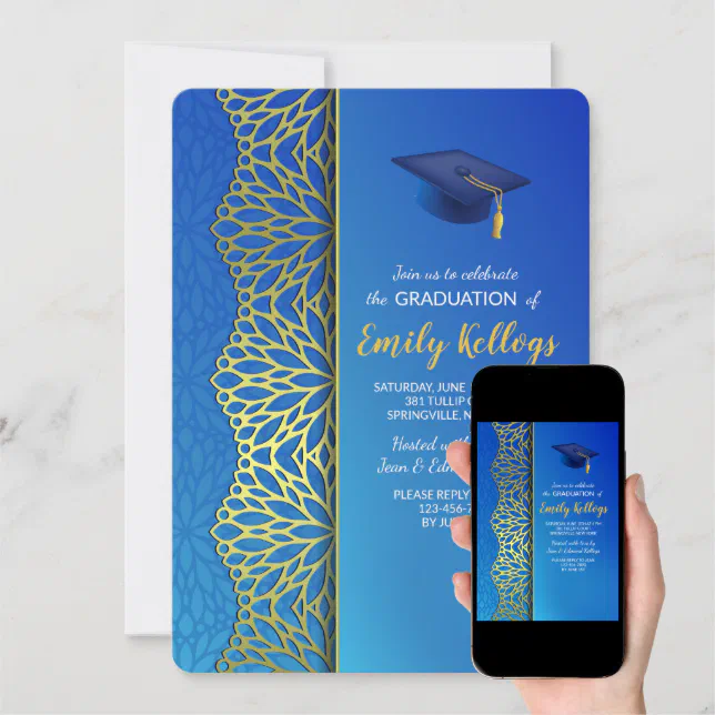 Gold and Blue Graduation Invitation | Zazzle