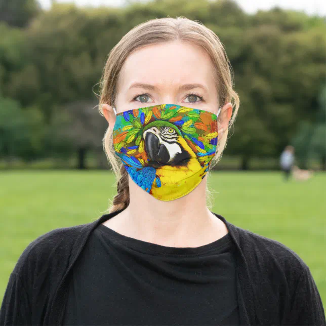 Gold and Blue Macaw Parrot Fantasy Adult Cloth Face Mask | Zazzle