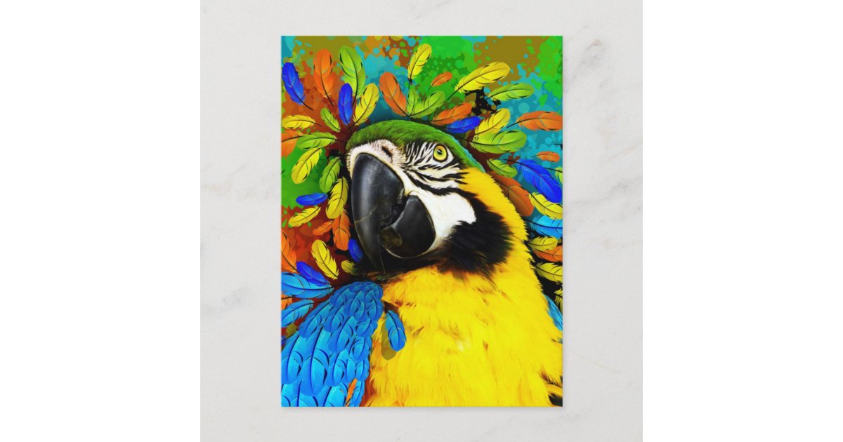 Gold and Blue Macaw Parrot Fantasy Postcards | Zazzle