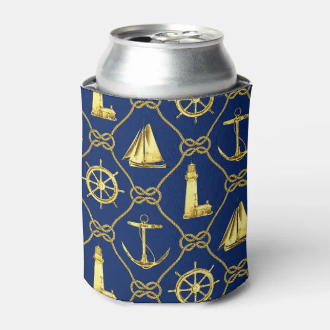 Gold and Blue Nautical Design Can Cooler | Zazzle