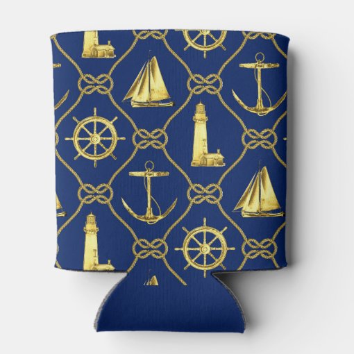 Gold and Blue Nautical Design Can Cooler | Zazzle