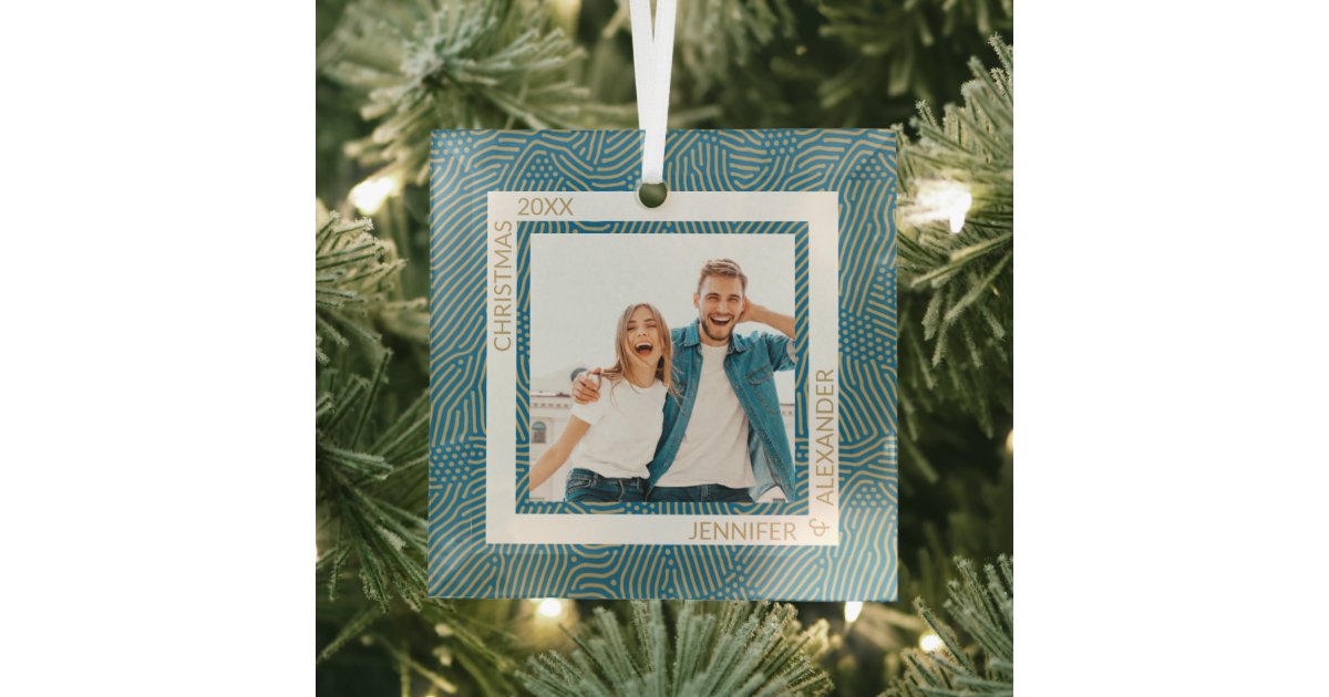 Gold and Blue Photo Glass Ornament | Zazzle