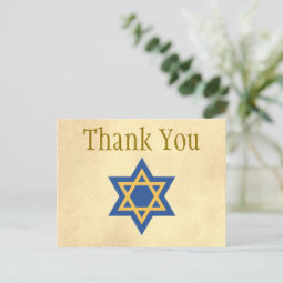 Gold and Blue Star of David Thank You Postcard | Zazzle
