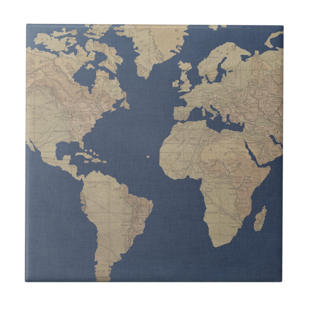 Gold and Blue World Map Ceramic Tile | Zazzle