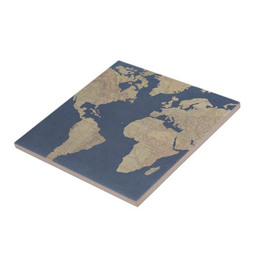 Gold and Blue World Map Ceramic Tile | Zazzle
