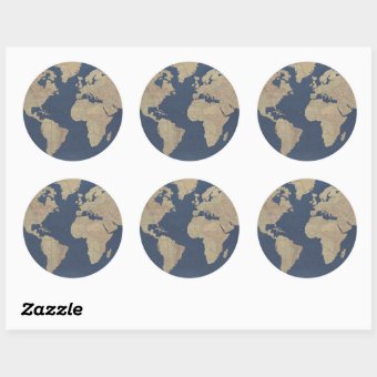 Gold and Blue World Map Classic Round Sticker | Zazzle