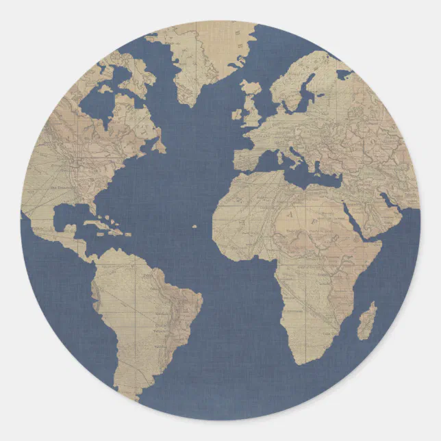 Gold and Blue World Map Classic Round Sticker | Zazzle