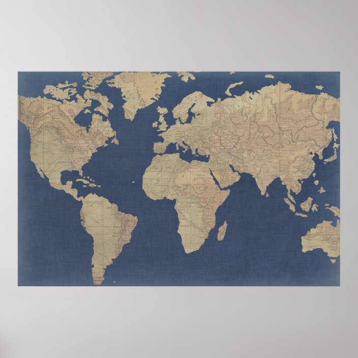 Gold and Blue World Map Poster | Zazzle.com