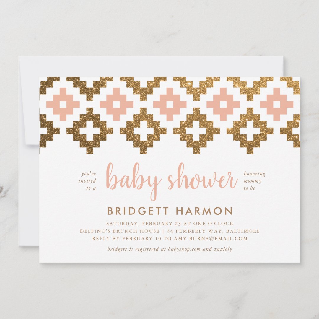 Gold and Blush Boho Aztec Baby Shower Invitation | Zazzle