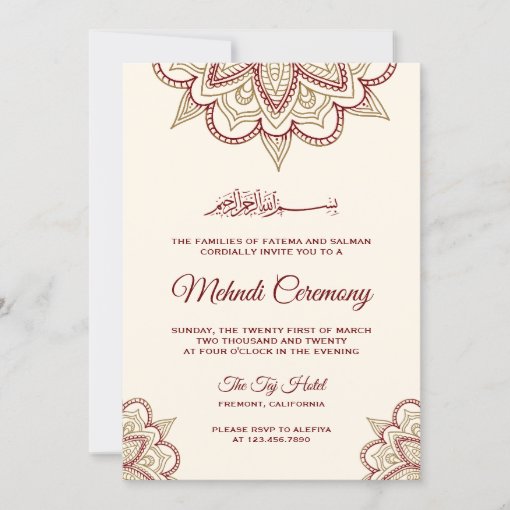 Gold and Burgundy Islamic Muslim Mehndi Ceremony Invitation | Zazzle