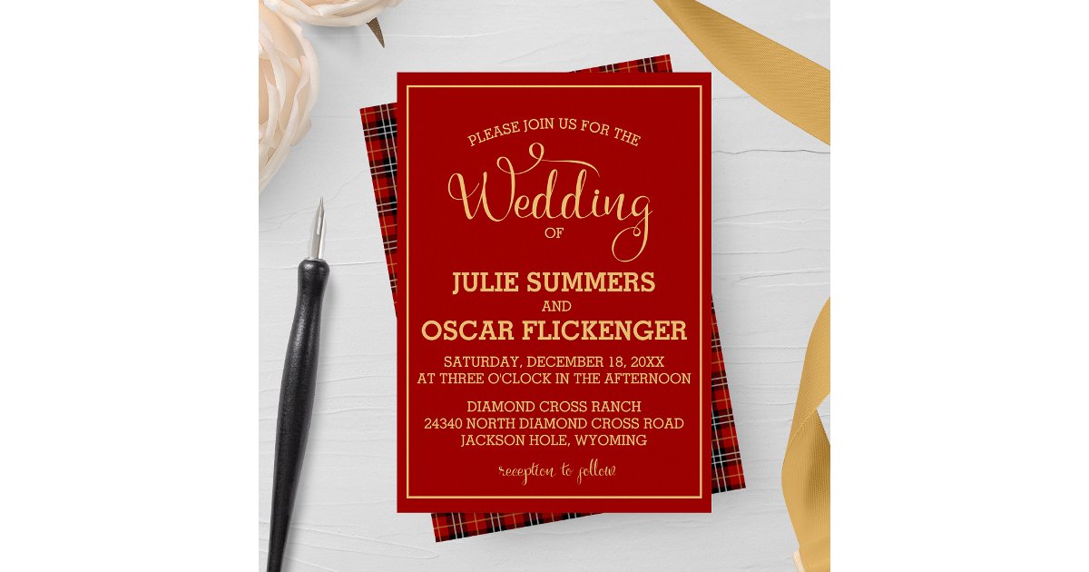 Gold and Burgundy Plaid Wedding Invitation | Zazzle