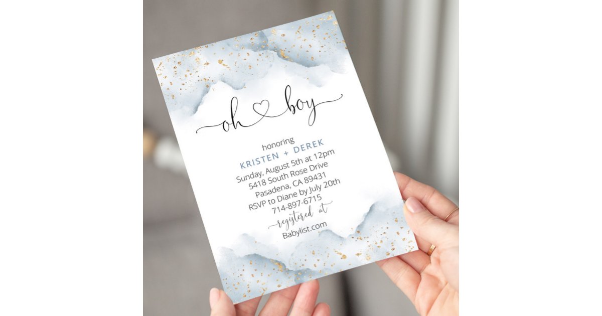 Gold and Dusty Blue Watercolor Baby Shower Invitation | Zazzle