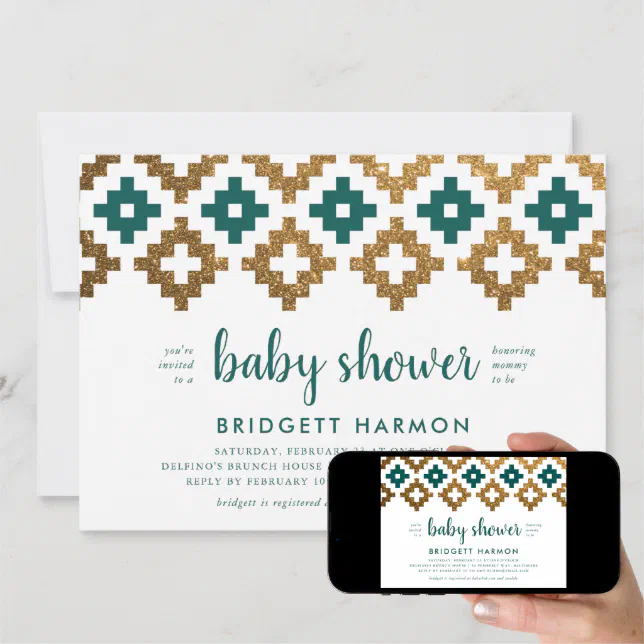 Gold and Emerald Boho Aztec Baby Shower Invitation | Zazzle