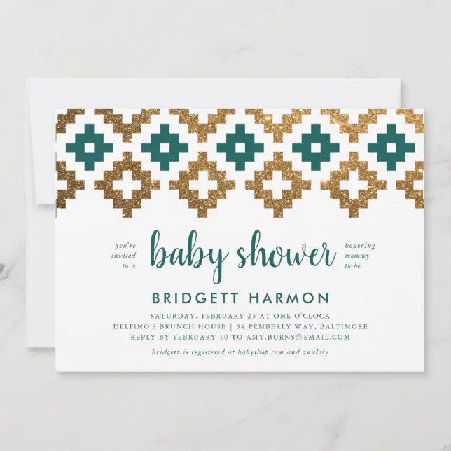 Gold and Emerald Boho Aztec Baby Shower Invitation | Zazzle