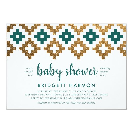 Gold and Emerald Boho Aztec Baby Shower Invitation | Zazzle.com