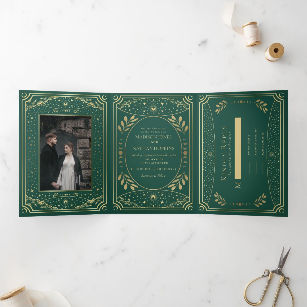 Gold and Emerald Elegant Tarot Wedding Tri-Fold Invitation | Zazzle