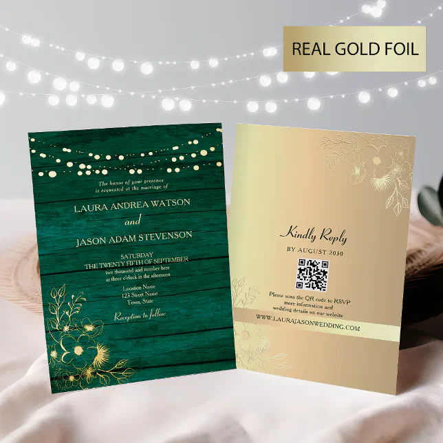 Gold and Emerald Green Wedding QR Code Foil Invitation | Zazzle