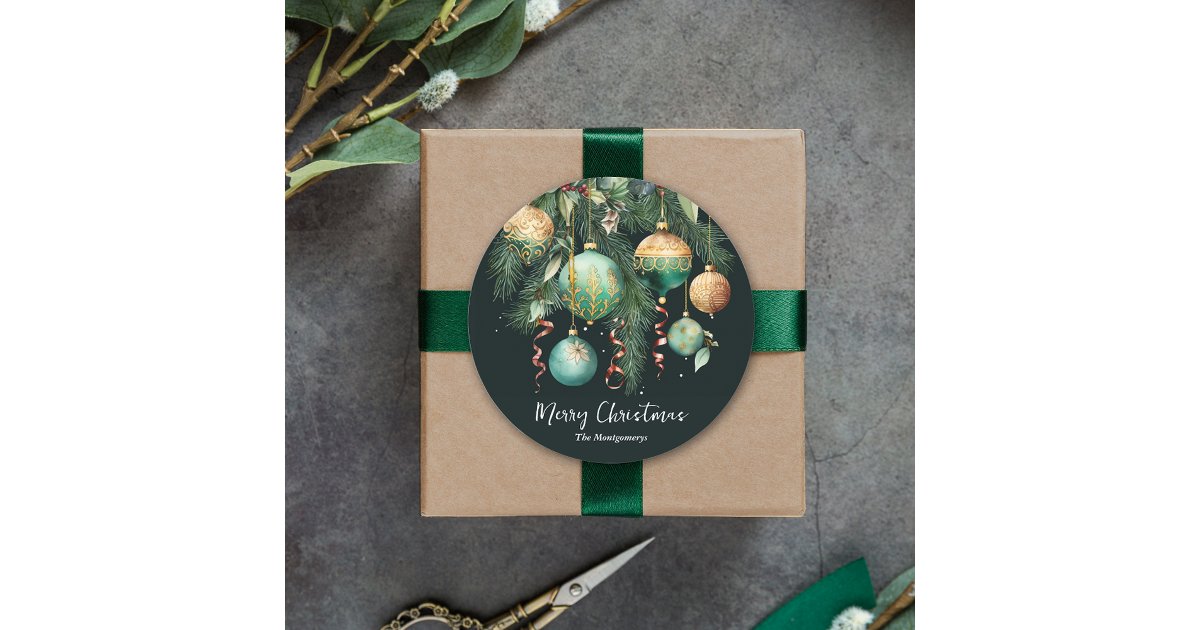 Gold and Green Christmas Ornaments Classic Round Sticker | Zazzle