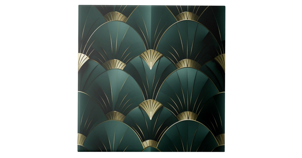 Gold and Green Fan, Art Deco, Metallic Style Ceramic Tile | Zazzle