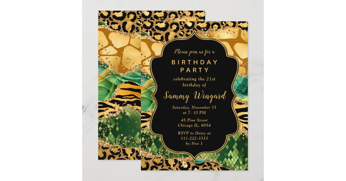 Gold and Green Safari Agate Birthday Invitation | Zazzle