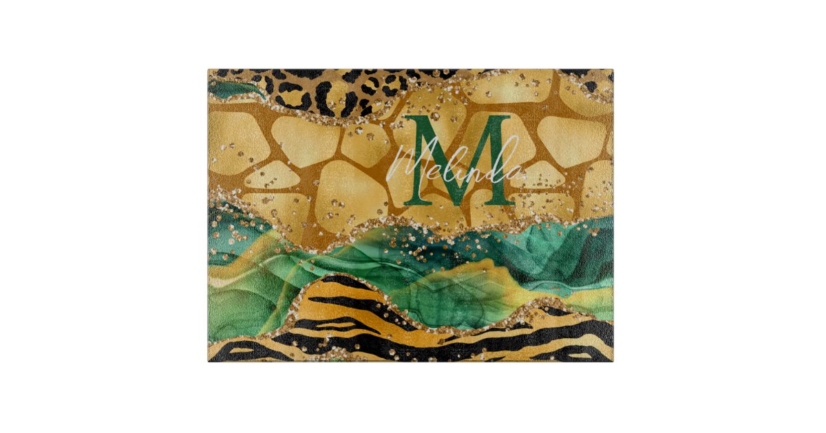 Gold and Green Safari Animal Print Agate Cutting Board | Zazzle