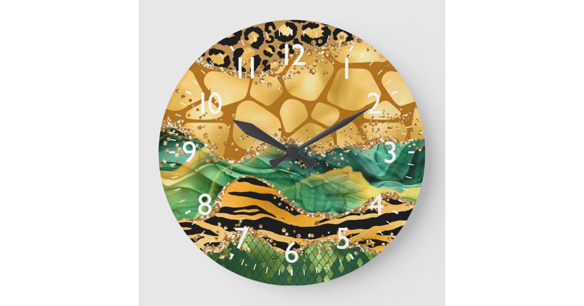 Gold and Green Safari Animal Print Agate Large Clock | Zazzle
