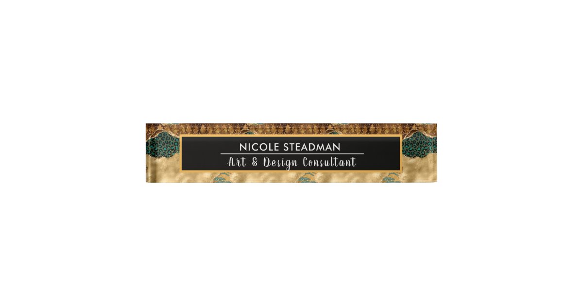 Gold and Green Safari Jungle Animal Print Agate Desk Name Plate | Zazzle
