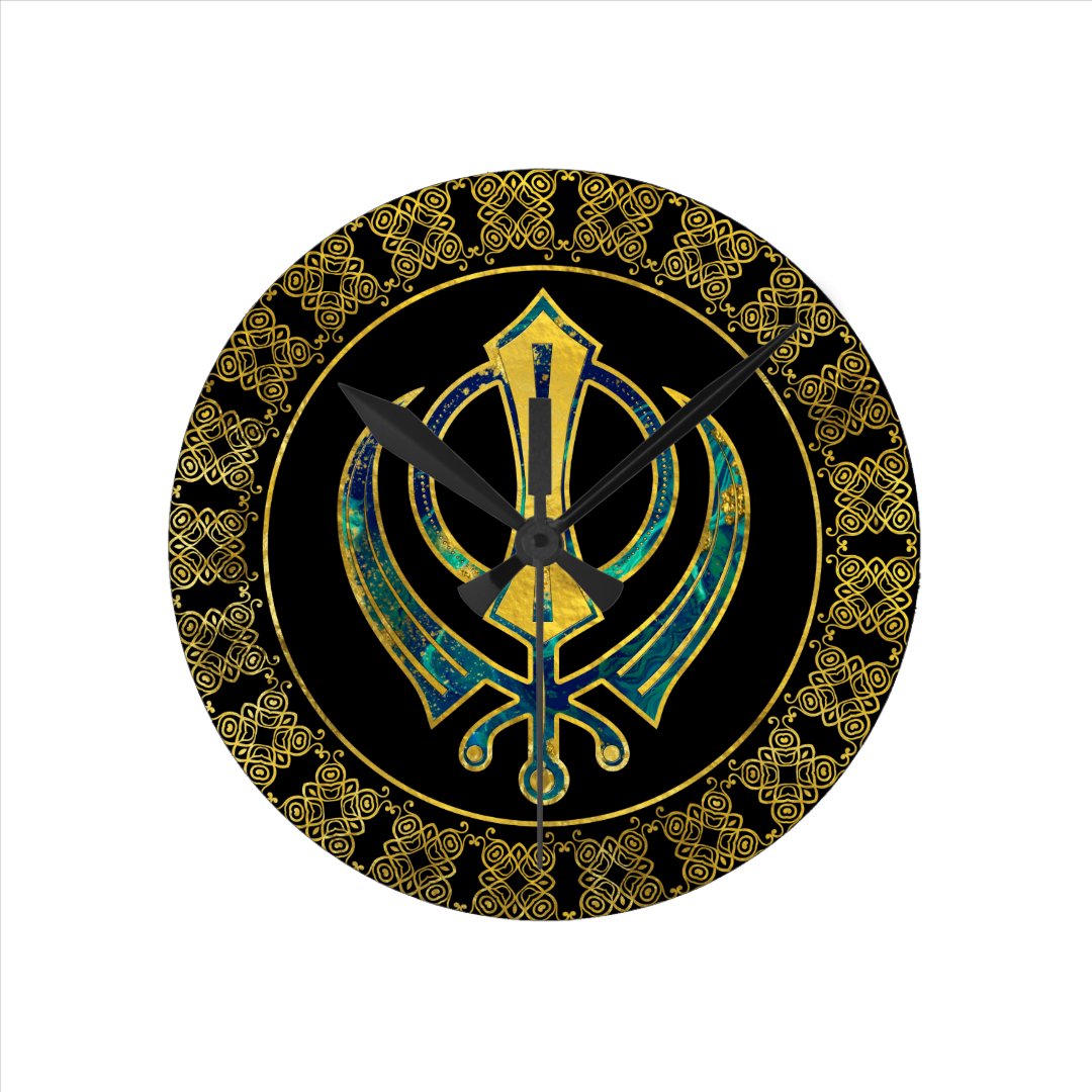 Gold and Marble Khanda symbol Round Clock | Zazzle