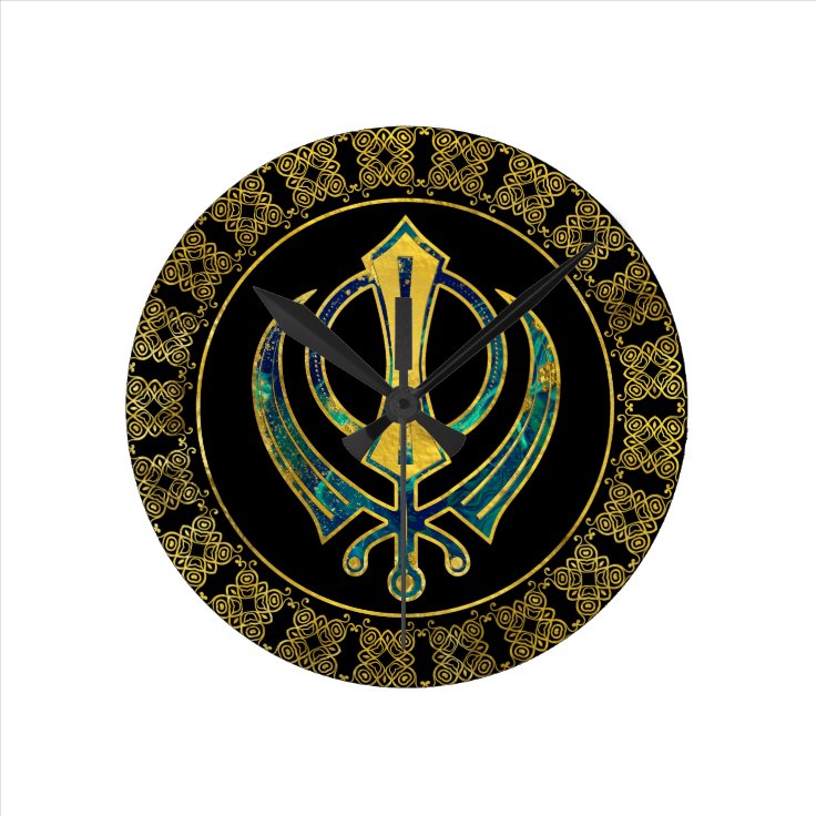Gold and Marble Khanda symbol Round Clock | Zazzle
