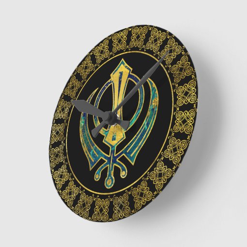 Gold and Marble Khanda symbol Round Clock | Zazzle
