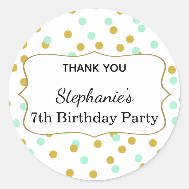 Gold and Mint Green Confetti Birthday Party Classic Round Sticker | Zazzle