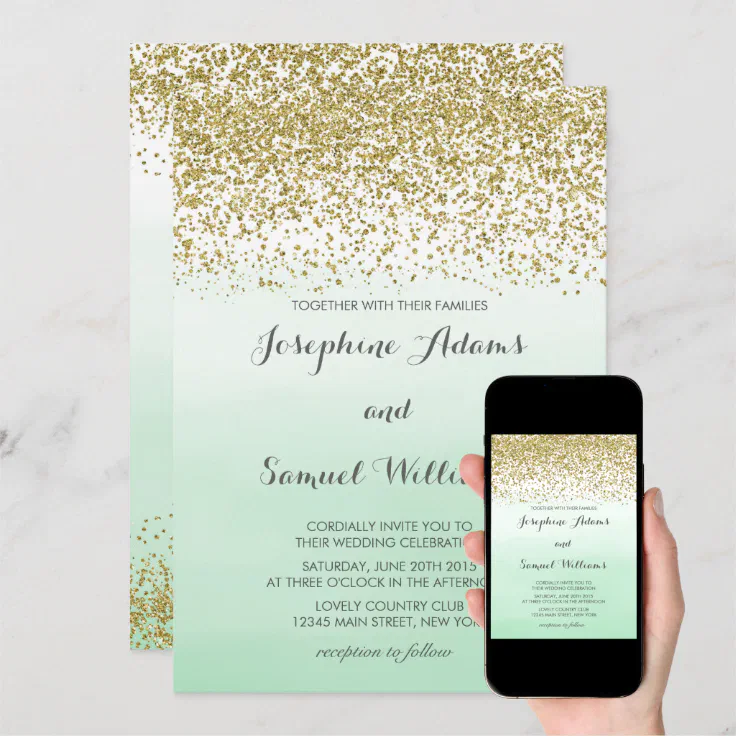 Gold and Mint Green Wedding Invitation | Zazzle