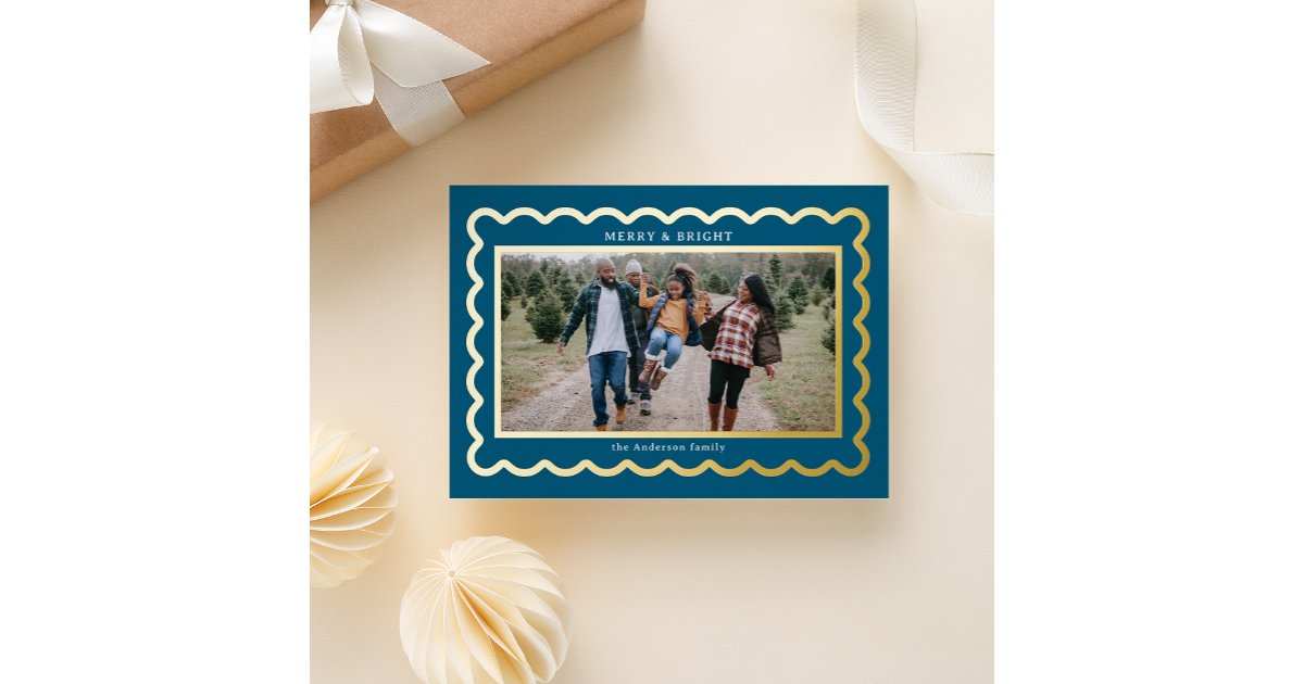 Gold and Navy Blue Preppy Scallop Photo Frame Foil Holiday Card | Zazzle